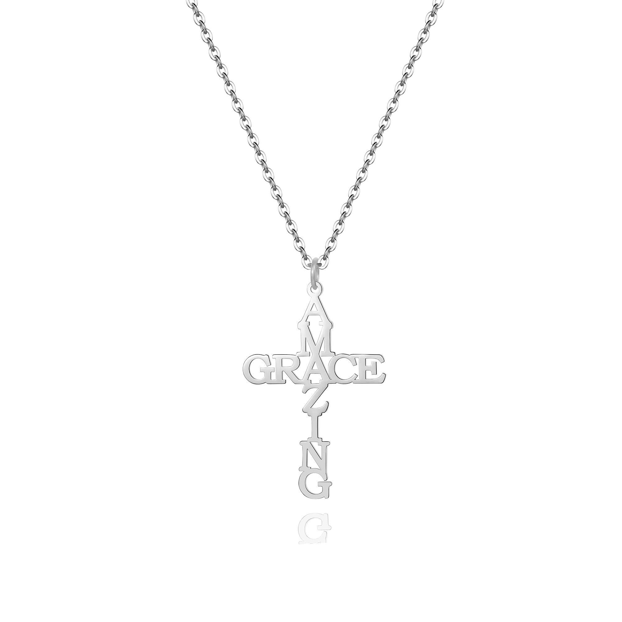 Amazing Grace Cross Necklace 18K Gold Plated Religious Faith Christian Jewelry (Silver)