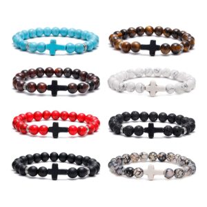 ximeo 8pcs cross beads bracelet set lava rock howlite turquoise tiger eye stone natural stone bracelet stretch elastic healing 8mm beads bracelet