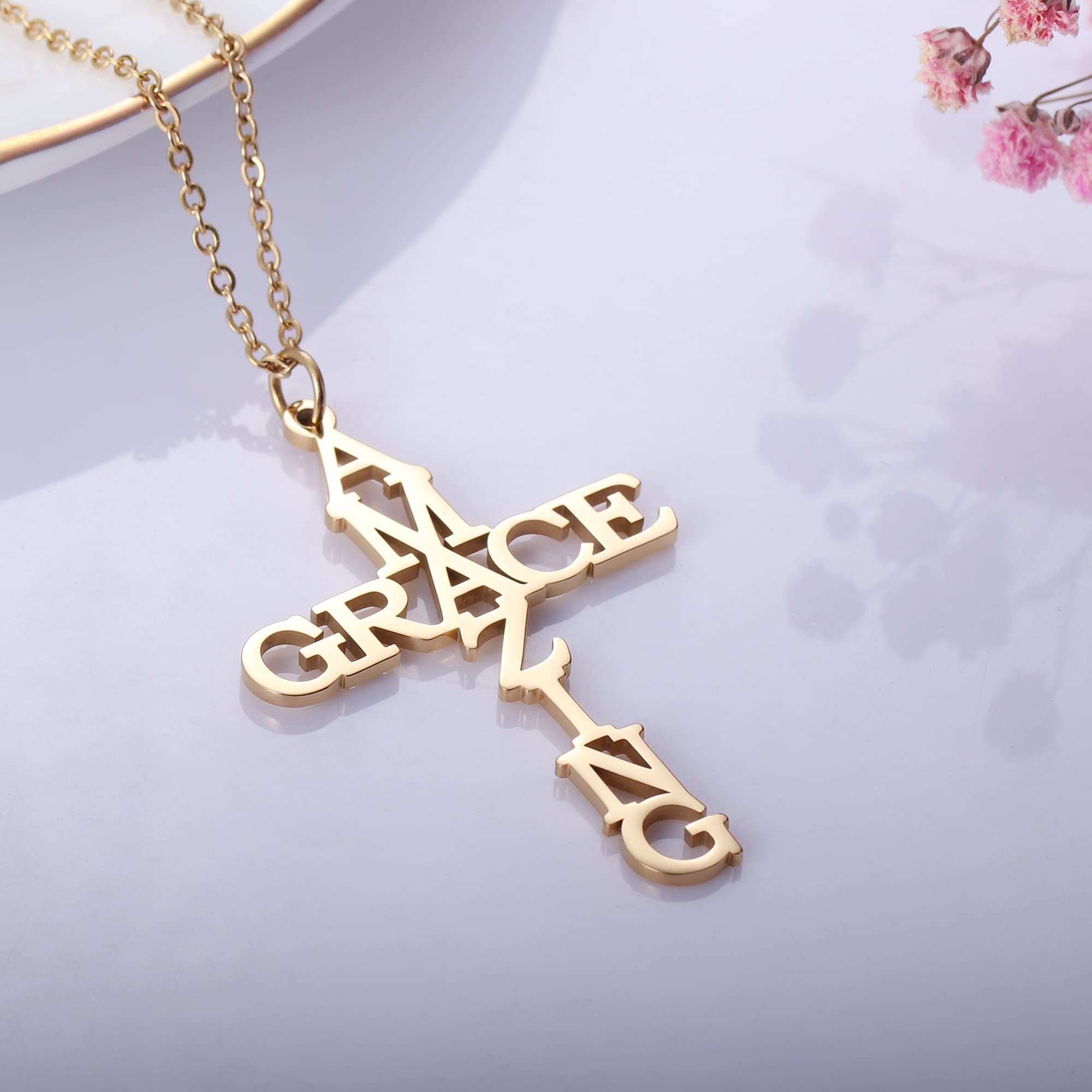 Amazing Grace Cross Necklace 18K Gold Plated Religious Faith Christian Jewelry (Silver)