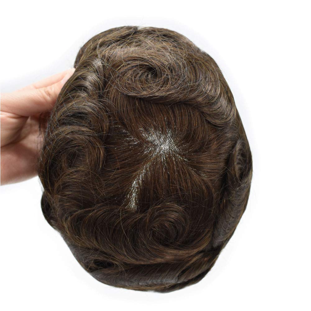 Curve Hair mens toupee hairpieces human hair system for men hair unit 0.04mm Super Thin Skin toupee for men Transparent Ultra Thin Skin men hair piece replacement 8"x10" #6 Light Brown