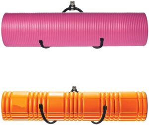 wall mount yoga mat foam roller and towel rack hooks , exercise mat storage shelf for hanging yoga strap and resistance bands at your fitness class or home gym, adjustable size,up to 20lbs - （2 pack）