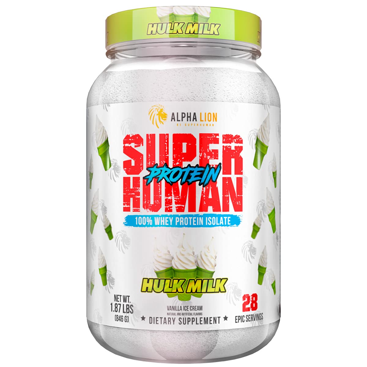 ALPHA LION Superhuman Whey Protein Powder, Great Tasting Pure Whey Protein Isolate, Low Carb, Low Sugar, No Bloat Post Workout, Muscle Recovery & Growth (28 Servings, Hulk Milk)