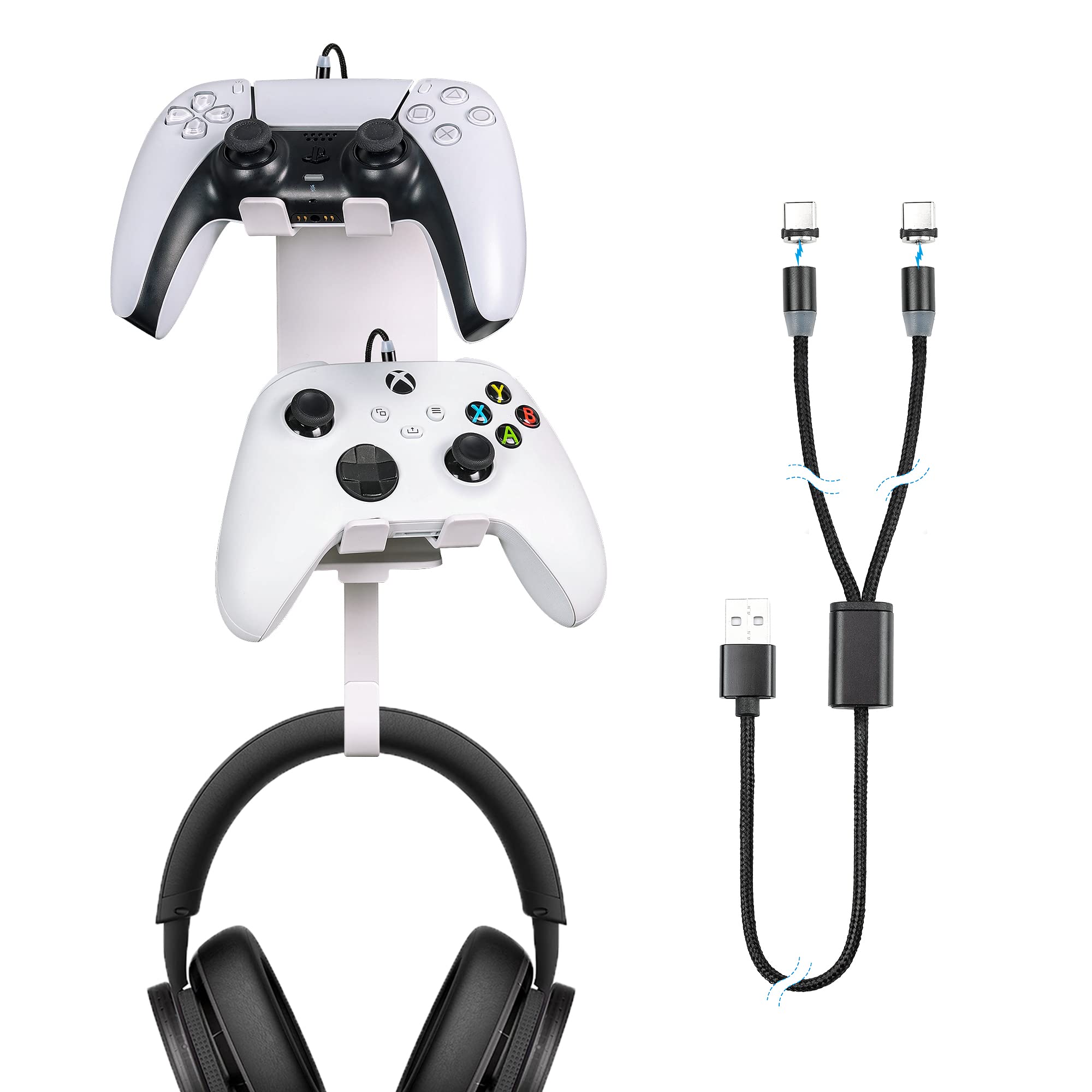 Wabracket 4 in 1 Controller and Headphone Wall Mount Holder Bundle, Universal Wall Mount for PS5 Slim/Xbox Series S &X /Switch Pro Game Controller, Stand Bracket Hanger, with a 2 in 1 Charging Cable