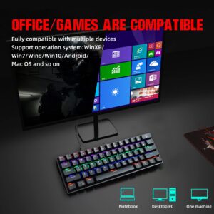 Wired 60% Mechanical Gaming Keyboard Mini Portable with Rainbow Backlit Full Anti-Ghosting 61 Key Ergonomic Double Foot Stand Type-C USB Waterproof for Typist Laptop PC Mac Gamer (Blue Switch)，Black