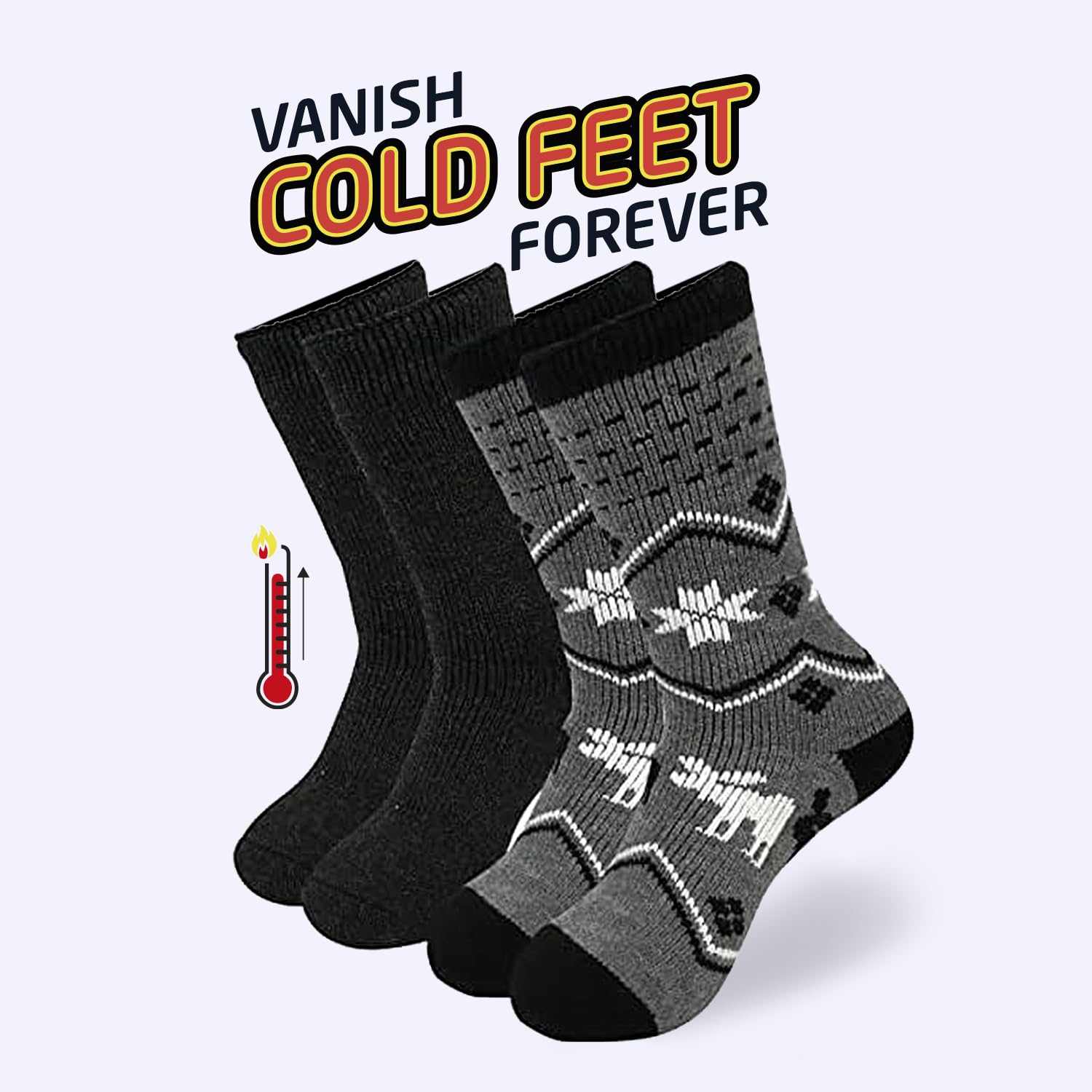 HOT FEET Thermal Socks For Women - Warm & Thick Insulated Crew Socks for Cold Winter Weather, Cute Colorful Womens Warm Socks. Black/Gray Heather