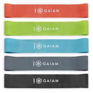 gaiam restore mini resistance loop bands - 5 pack booty bands with 5 resistance levels - loop resistance bands for exercise and rehab - includes guide and carry bag