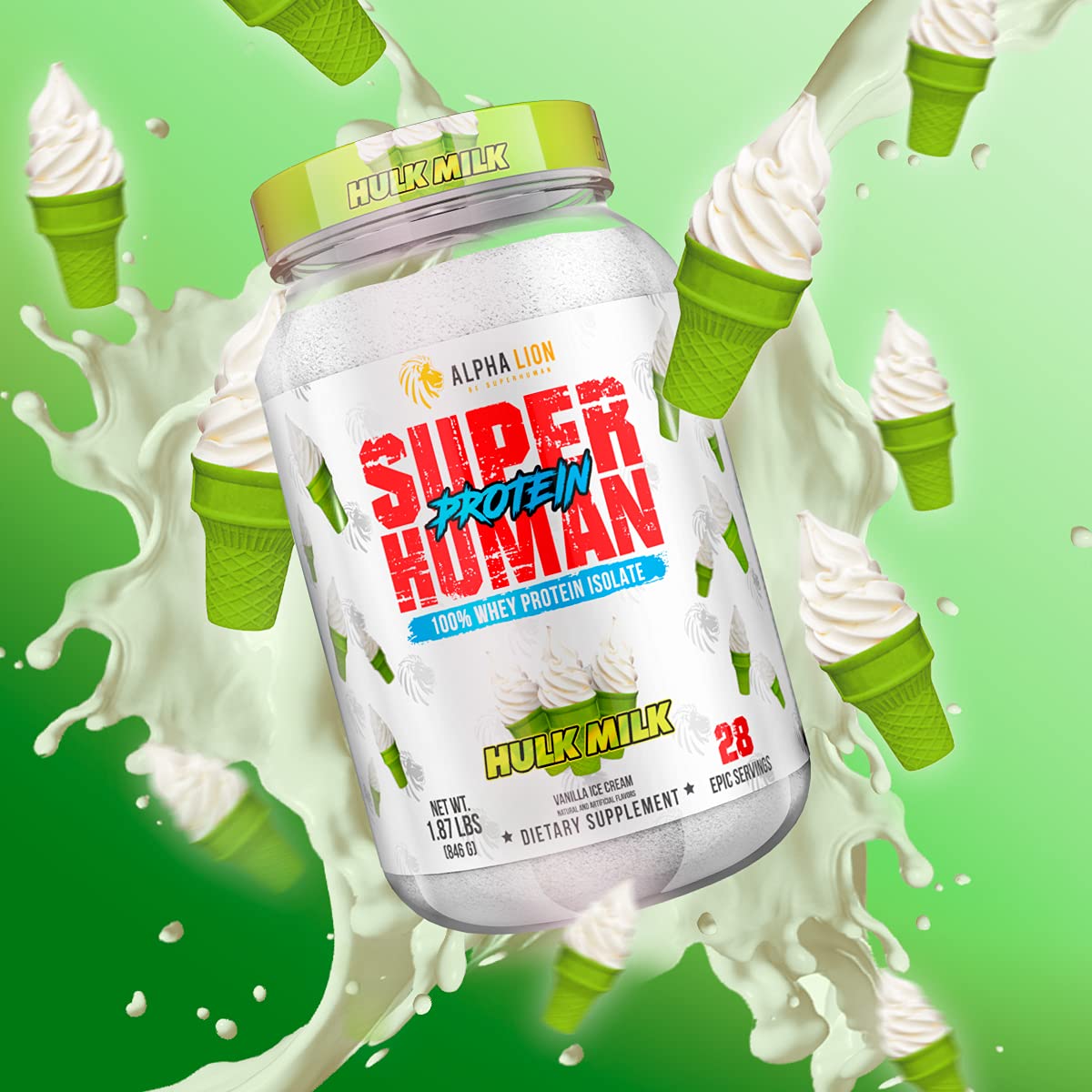 ALPHA LION Superhuman Whey Protein Powder, Great Tasting Pure Whey Protein Isolate, Low Carb, Low Sugar, No Bloat Post Workout, Muscle Recovery & Growth (28 Servings, Hulk Milk)