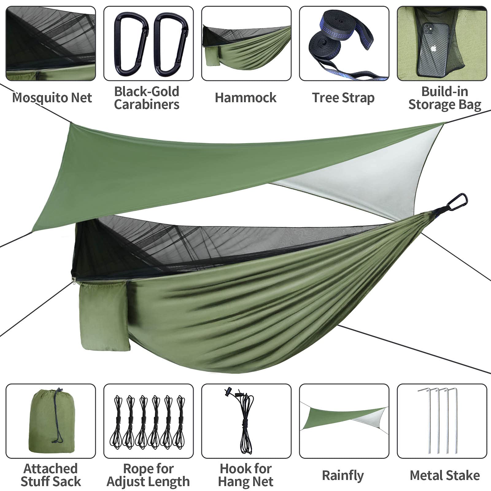 gymolo Camping Hammock - Hammocks with Mosquito Net Tent and Rain Fly Tarp, Portable Single & Double Nylon Parachute Hammock with Heavy Duty Tree Strap, Indoor Outdoor Backpacking Survival Travel