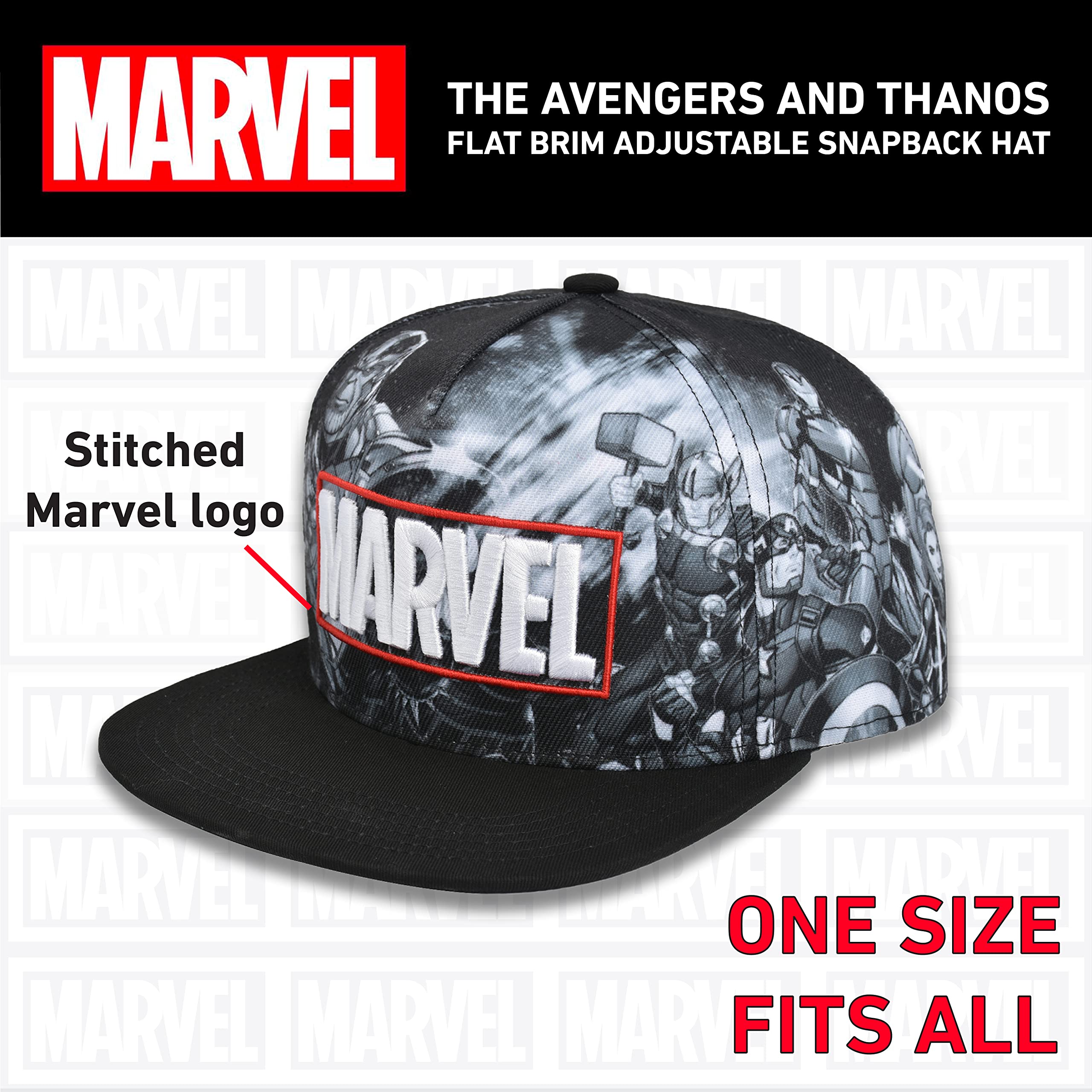 Marvel The Avengers and Thanos Baseball Hat, Flat Brim Adult Adjustable Snapback Ball Cap, Black, One Size