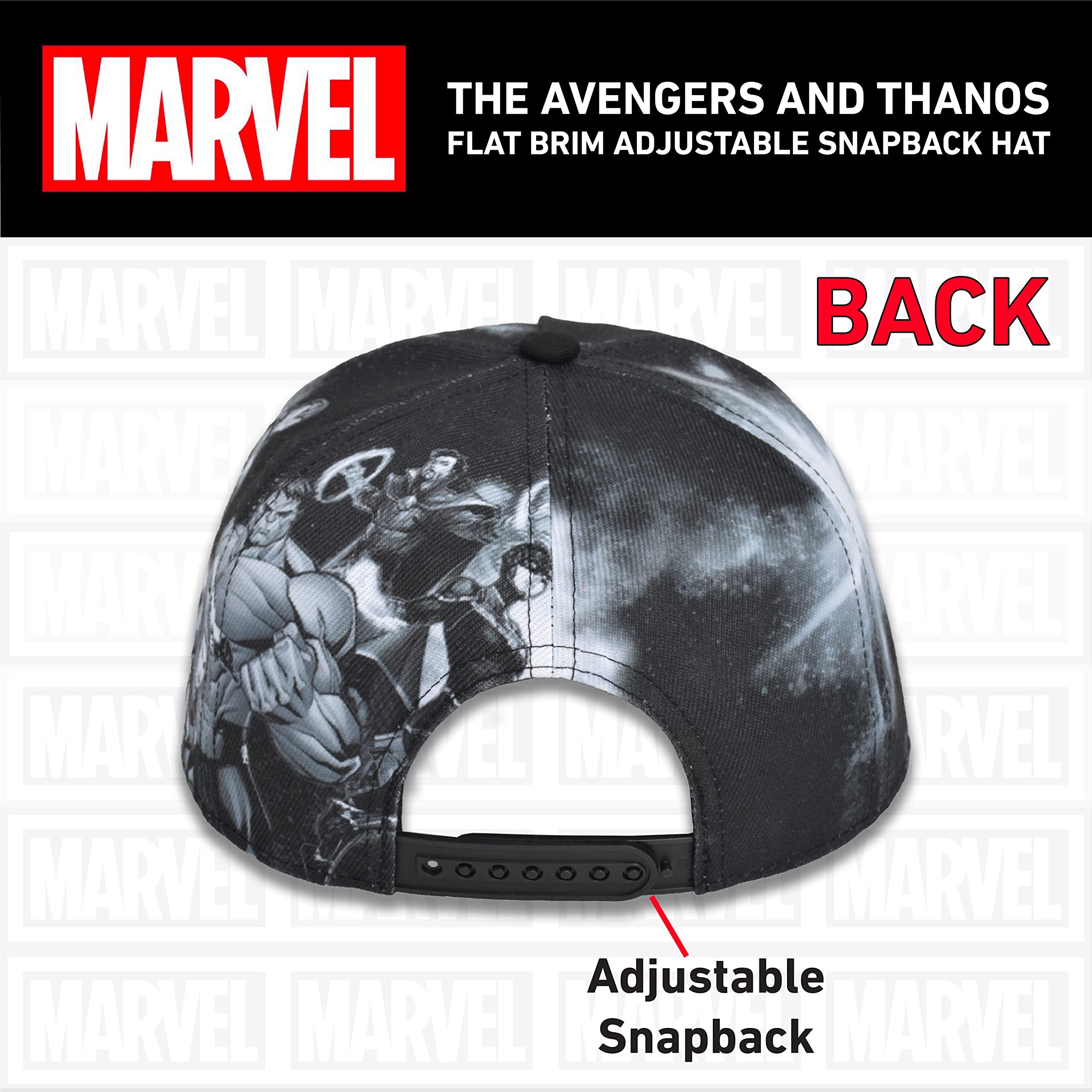 Marvel The Avengers and Thanos Baseball Hat, Flat Brim Adult Adjustable Snapback Ball Cap, Black, One Size