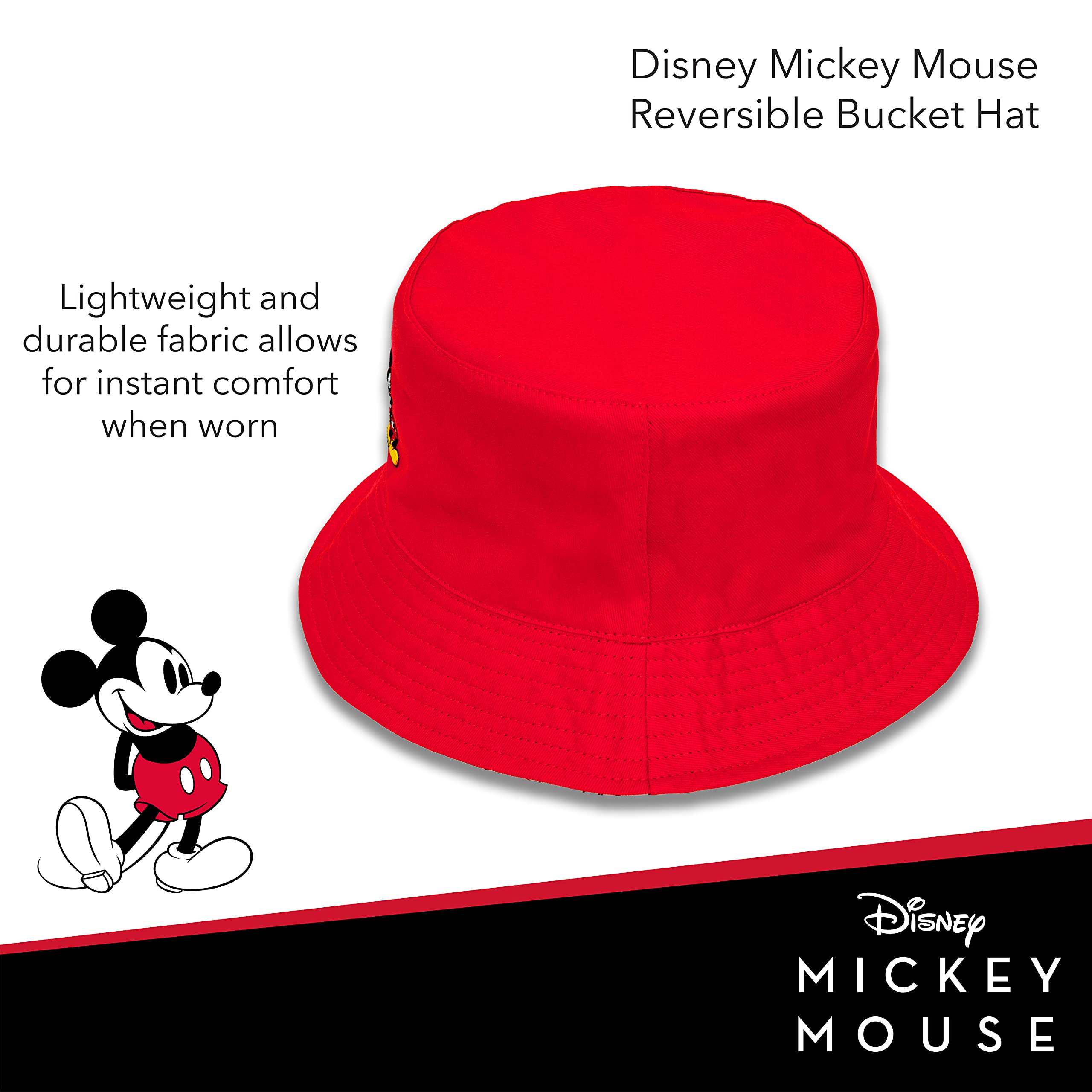 Disney Mickey Mouse Reversible Patterned Bucket Hat, Packable Travel Hat, Red, One Size