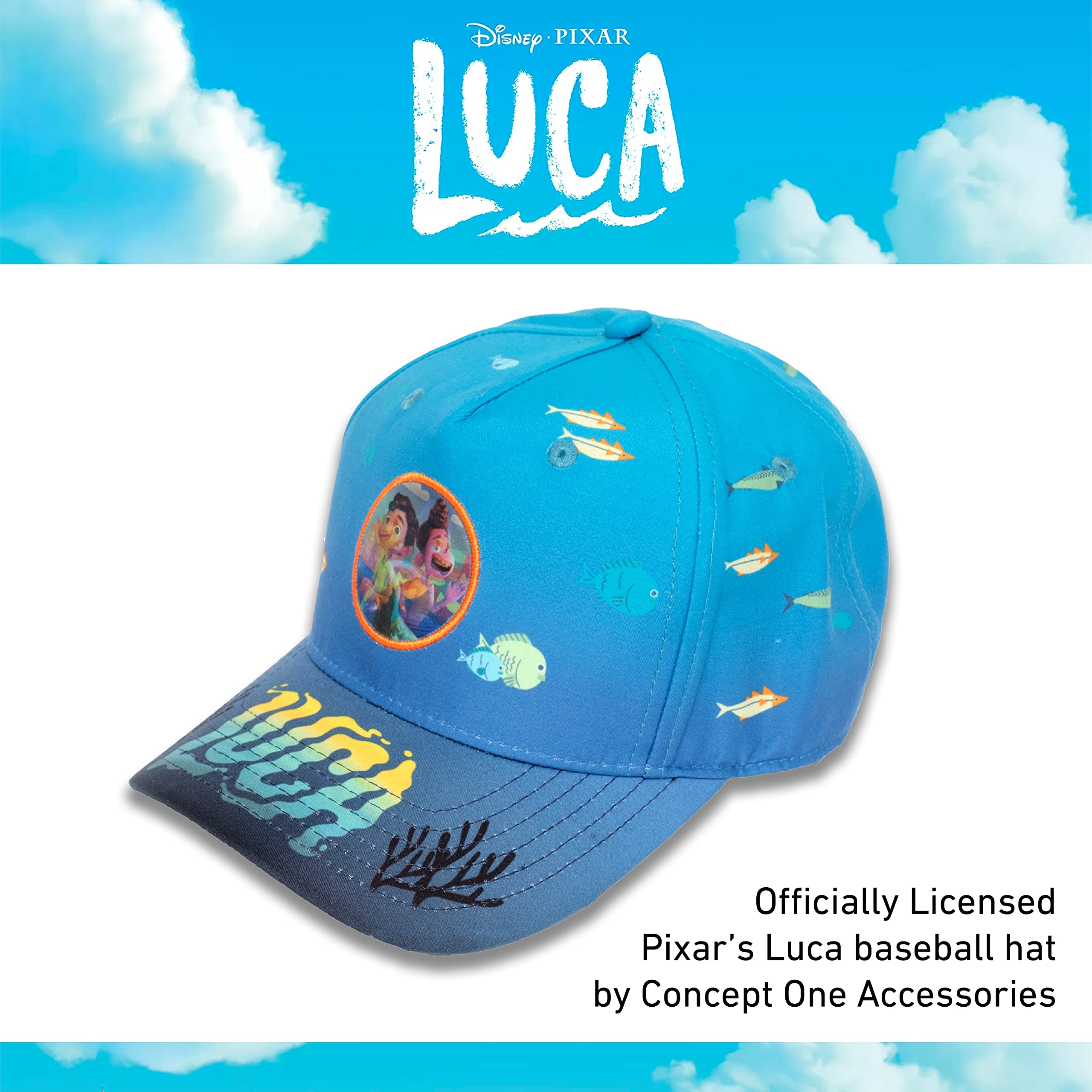 Disney Pixar Luca Cotton Adjustable Baseball Hat with Curved Brim and Embroidered Patch, Blue, One Size