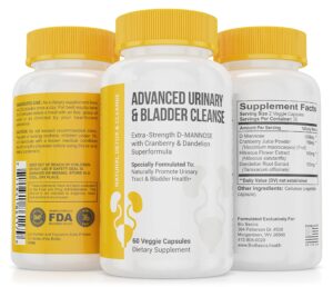 advanced urinary tract health & bladder support supplement - detoxifying strength d-mannose & cranberry natural fast acting ut cleanse- restore control & balance - 60 capsules