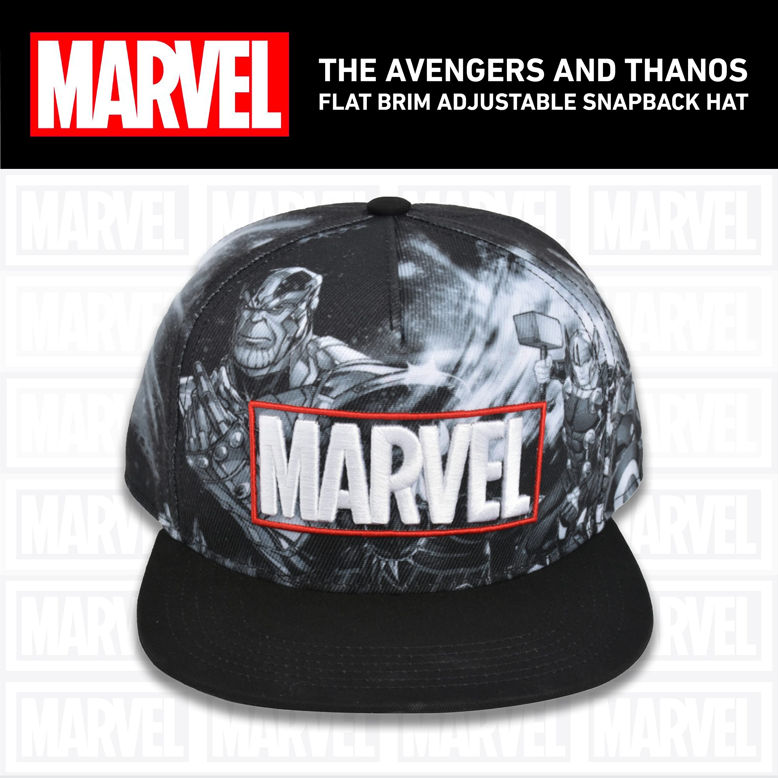 Marvel The Avengers and Thanos Baseball Hat, Flat Brim Adult Adjustable Snapback Ball Cap, Black, One Size