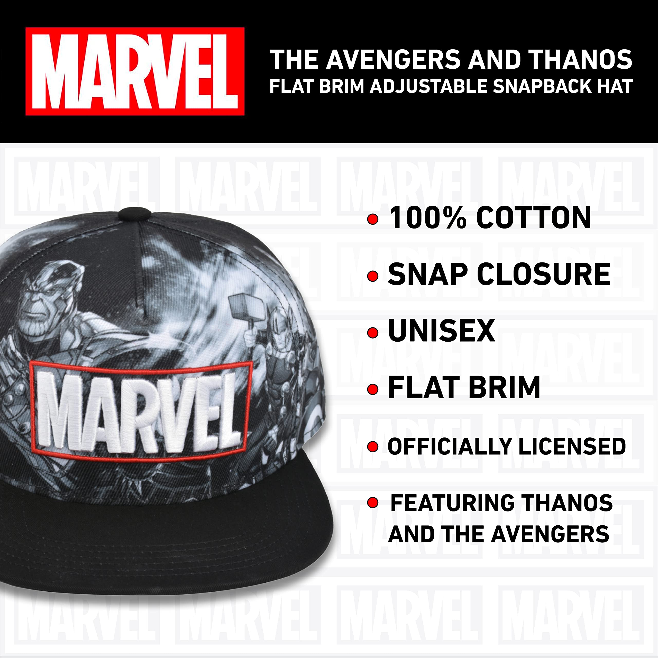 Marvel The Avengers and Thanos Baseball Hat, Flat Brim Adult Adjustable Snapback Ball Cap, Black, One Size