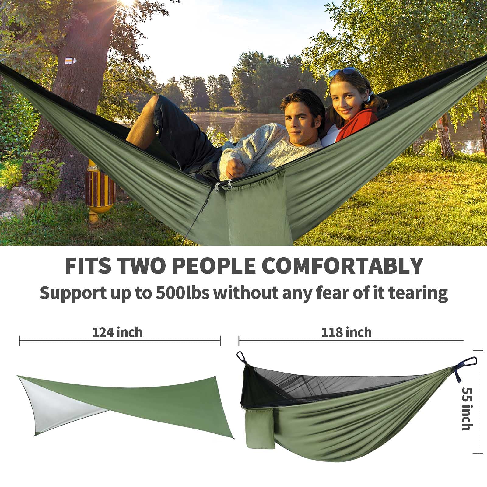 gymolo Camping Hammock - Hammocks with Mosquito Net Tent and Rain Fly Tarp, Portable Single & Double Nylon Parachute Hammock with Heavy Duty Tree Strap, Indoor Outdoor Backpacking Survival Travel