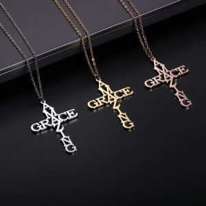 Amazing Grace Cross Necklace 18K Gold Plated Religious Faith Christian Jewelry (Silver)