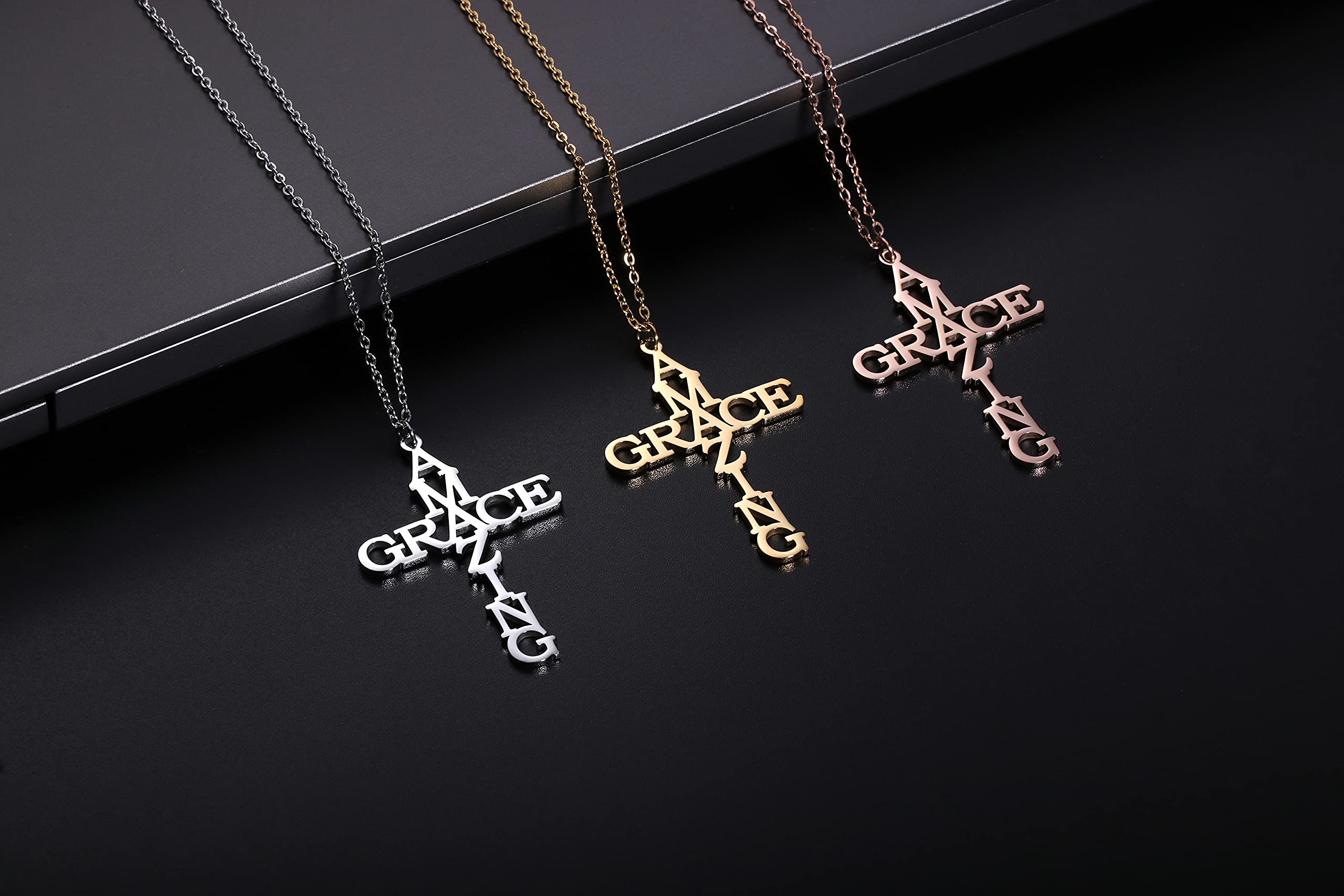 Amazing Grace Cross Necklace 18K Gold Plated Religious Faith Christian Jewelry (Silver)