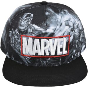 marvel the avengers and thanos baseball hat, flat brim adult adjustable snapback ball cap, black, one size