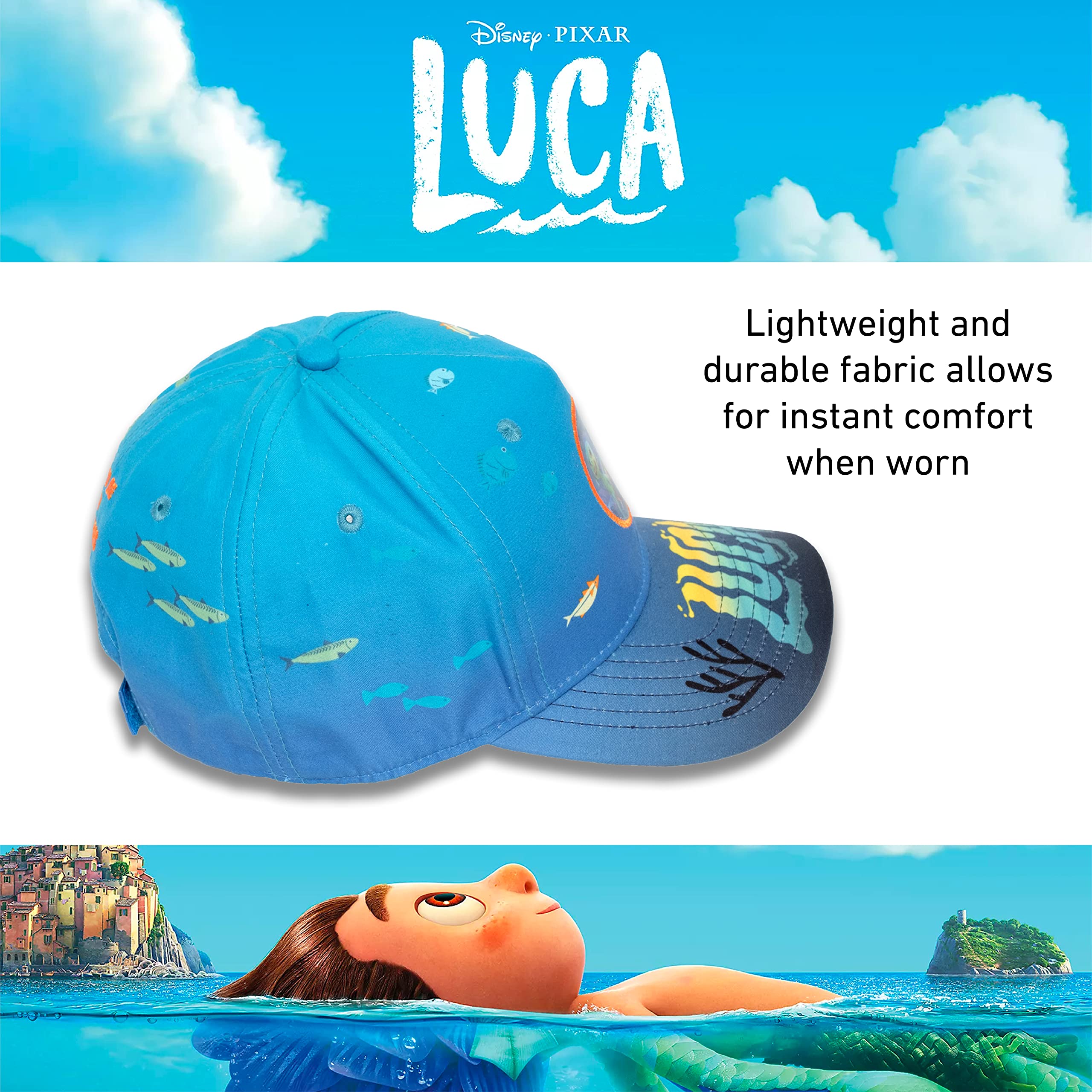 Disney Pixar Luca Cotton Adjustable Baseball Hat with Curved Brim and Embroidered Patch, Blue, One Size