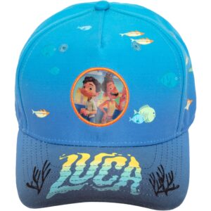 disney pixar luca cotton adjustable baseball hat with curved brim and embroidered patch, blue, one size