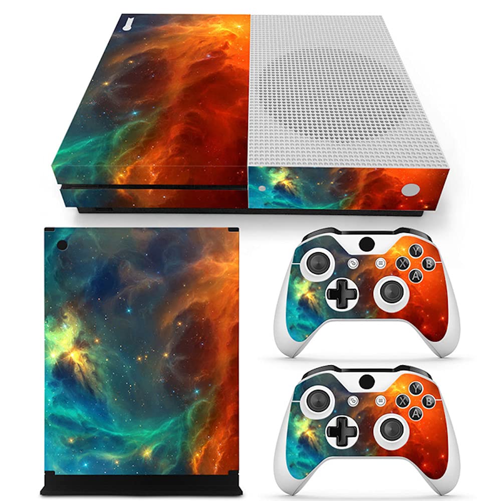 Whole Body Protective Vinyl Skin Decal Cover for Microsoft Xbox One Slim Console, Orange Galaxy Xbox One S Skins Wrap Sticker with Two Free Wireless Controller Decals