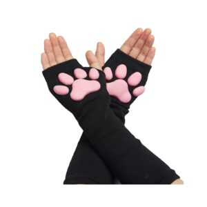 homegymfree cute cat paw mittens gloves, kawaii cat cosplay kawaii soft 3d toes beans fingerless cat claw paws pad sleeve (black-long)