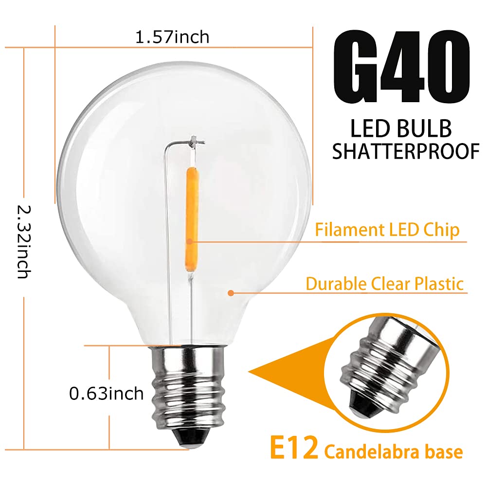 Pallerina LED Replacement Light Bulbs, Shatterproof Dimmable Globe Bulbs for Indoor Outdoor Patio Decor,0.6W Per Bulb,Warm White (G40 Clear Light Bulbs, 25 Pack)