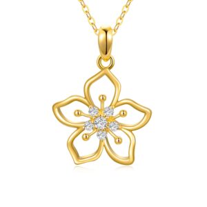 rikelus 14k real gold cherry blossom necklace for women,yellow gold flower pendant necklace with moissanite gifts for birthday christmas 16+2 inch