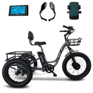 emojo electric tricycle/fat tire caddy pro trike, 500w 48v hybrid bicycle with hydraulic brake, oversize rear cargo and front basket for heavy-duty carrying or delivery (grey caddy pro)