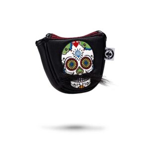 pins & aces le sugar skull mustache mallet putter head cover - premium, hand-made leather putter headcover - funny, tour quality golf club cover - style and customize your golf bag (black)