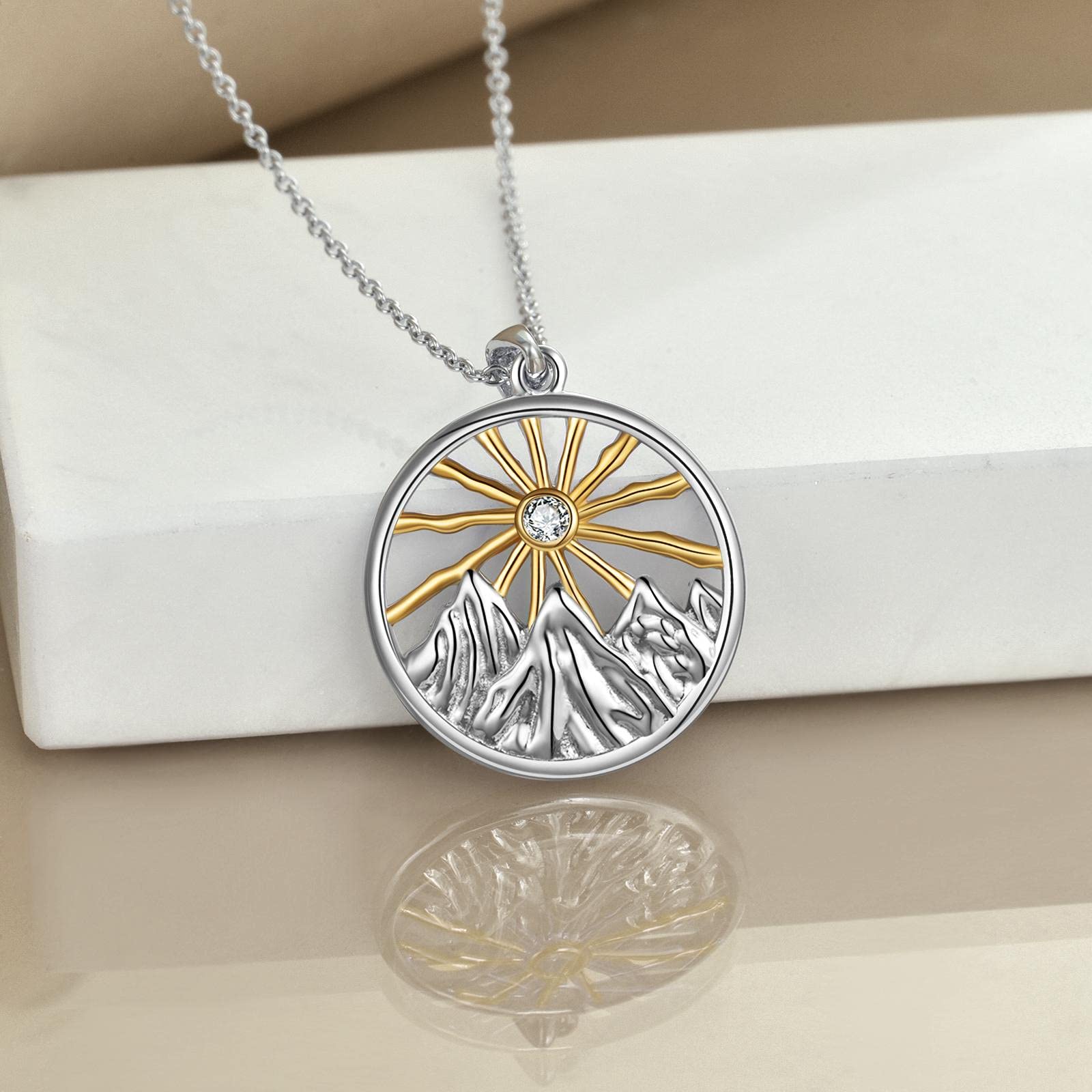 YFN Mountain Necklace Sterling Silver Mountain and Sun Pendant Nature Jewelry Gift for Nature Lovers