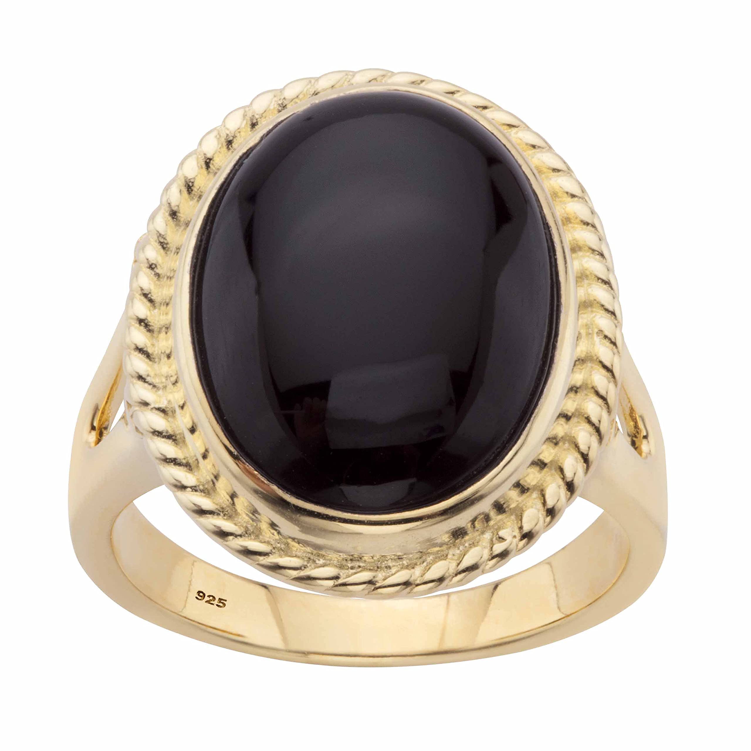 PalmBeach Yellow Gold-plated Sterling Silver Oval Shaped Natural Black Onyx Beaded Halo Ring Sizes 6-10 Size 8