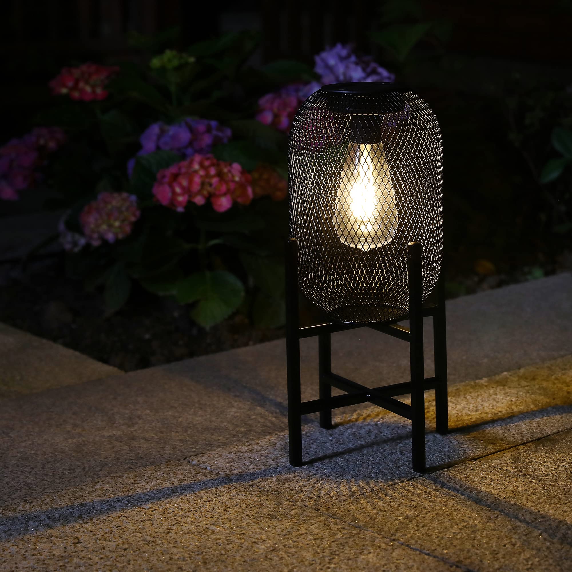 Solar Lantern Outdoor Waterproof Metal Hollow Out Standing Solar Light for Patio/ Garden/ Deck Warm Yellow Edison Bulb Solar Powered Lantern Decor