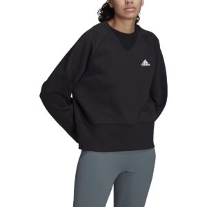 adidas women's crew neck studio fleece sweatshirt, long sleeve, black/white, medium