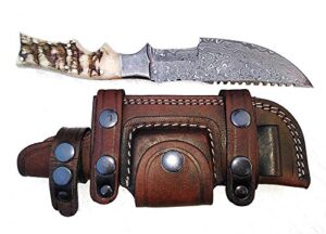 ottoza tracker knife & ram horn handle - damascus hunting knife - horizontal carry knife sheath 262