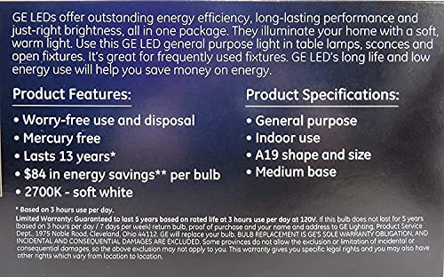 8 Pack GE LED 60W = 10W Soft White 60 Watt Equivalent A19 2700K Light Bulb