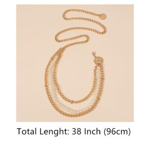 DECKER Pearl Body Chain for dress Gold Tassel Waist Chain 38 Inch Long Multilayer Belly Chain Belt for Women (Gold, 38)