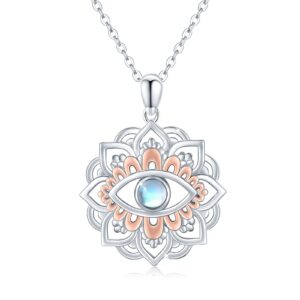 lotus eye necklace for women moonstone evil eye lotus protection pendant 925 sterling silver lotus necklace lotus flower charm jewelry for birthday halloween for women men teen (moonstone)