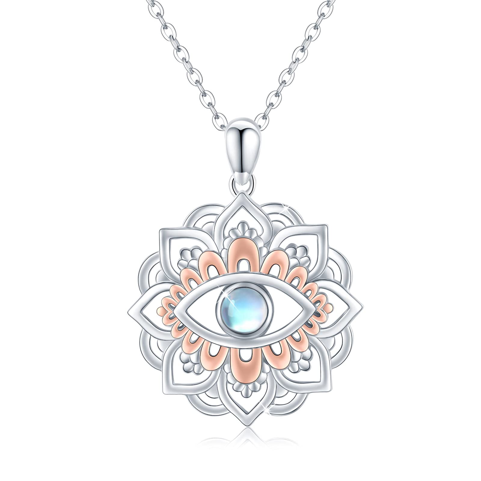 Lotus Eye Necklace for Women Moonstone Evil Eye Lotus Protection Pendant 925 Sterling Silver Lotus Necklace Lotus Flower Charm Jewelry for Birthday Halloween for Women Men Teen (Moonstone)