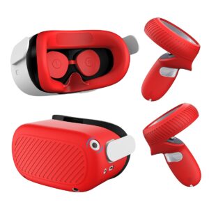 touch controller grip cover compatible with oculus quest 2, 4 in 1 silicone accessories kit - handle sleeve/shell protector cover/face silicone cover/protective lens cover for quest 2 headset (red)