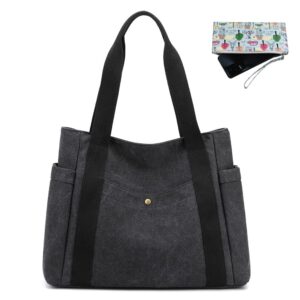 jianlinst women's canvas tote handbags multi-pocket retro casual shoulder bag top handle satchel tote purse black