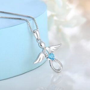 FJ Guardian Angel Necklace 925 Sterling Silver Infinity Aquamarine Necklace March Birthstone Pendant Angel Jewelry Gifts for Women