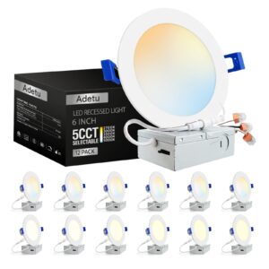 adetu 12 pack recessed lighting 6 inch, 5cct ultra-thin recessed light fixtures with junction box, cri 85>, 13w 1080lm, led ceiling light - etl energy star