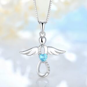 FJ Guardian Angel Necklace 925 Sterling Silver Infinity Aquamarine Necklace March Birthstone Pendant Angel Jewelry Gifts for Women