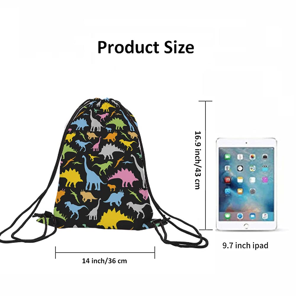 Beabes Dinosaurs Drawstring Bags Backpack Bag Cool Wild Cartoon Cute Prehistoric Colorful Animal Silhouette Sport Gym Sack Drawstring Bag String Bag Yoga Bag for Men Women