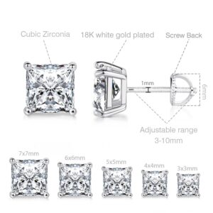 18K Gold Plated Princess Cut Cubic Zirconia Screw Back Stud Earring Pack of 5 Pairs (5 Pairs) (A-White gold)