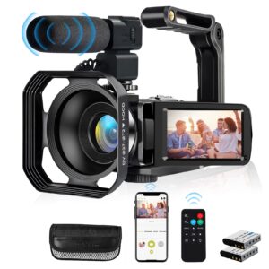 lovpo 4k video camera, camcorder 48mp ultra hd wifi vlogging camera for youtube 18x zoom 3.0" touch screen digital camera with microphone, stabilizer, lens hood, remote, 2 batteries