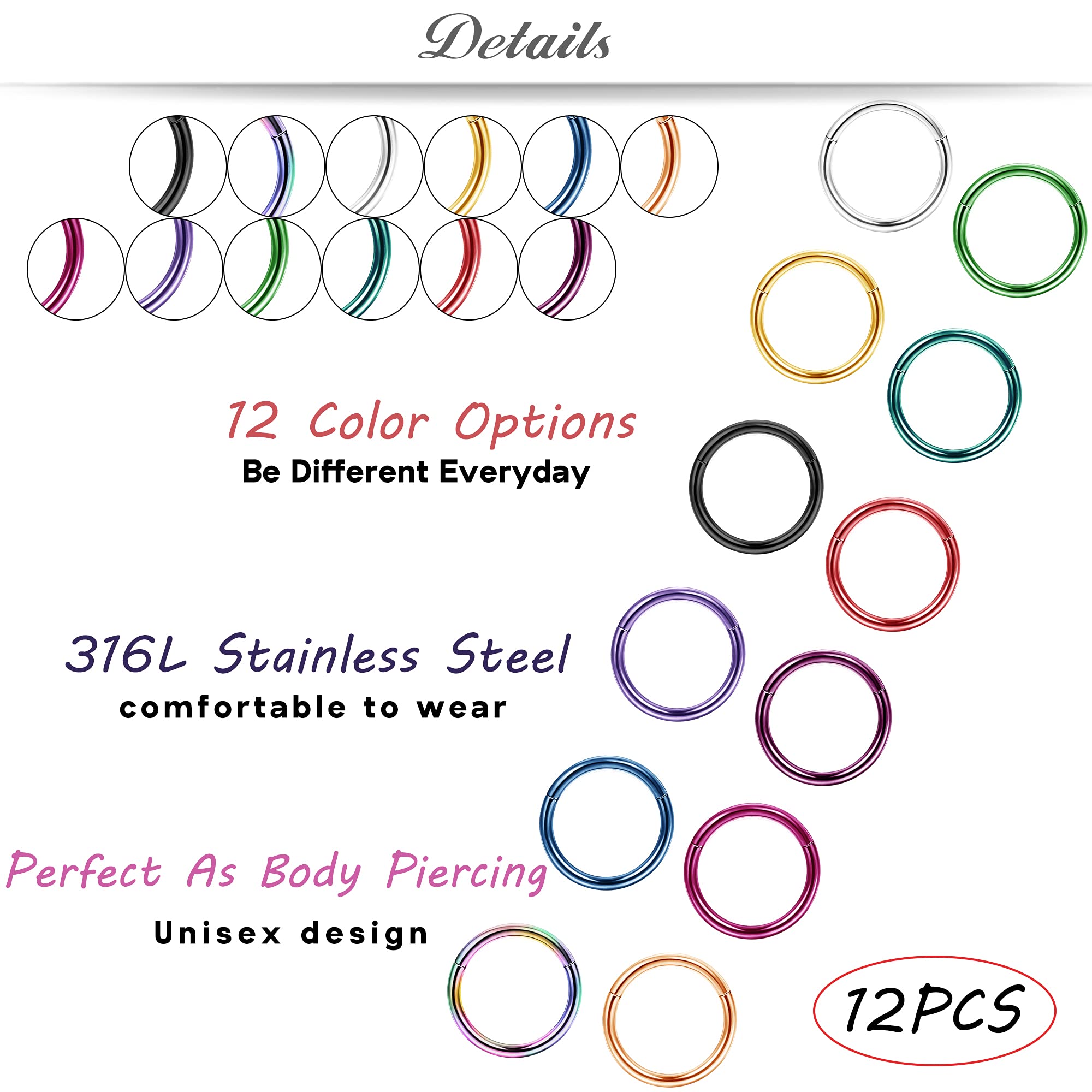 Drperfect 12 Pcs Septum Rings 316L Stainless Steel Cartilage Hoop Earrings Hinged Segment Clicker Septum Nose Rings Hoop Helix Daith Tragus Earrings Body Piercing for Women Men 16G 18G