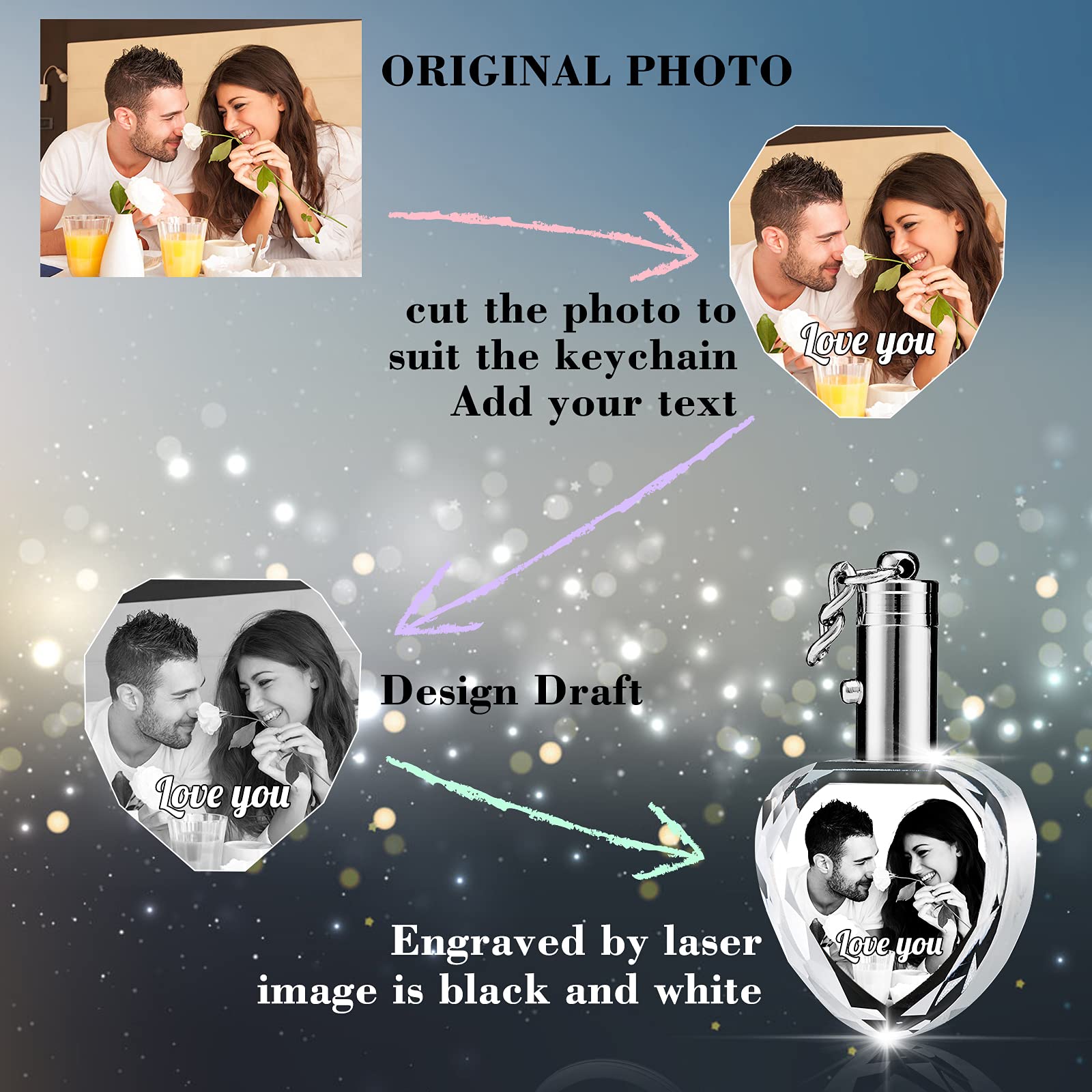 XJone Personalized Custom Crystal Keychain with Picture Photo Customized Engraved Keyring with LED Light